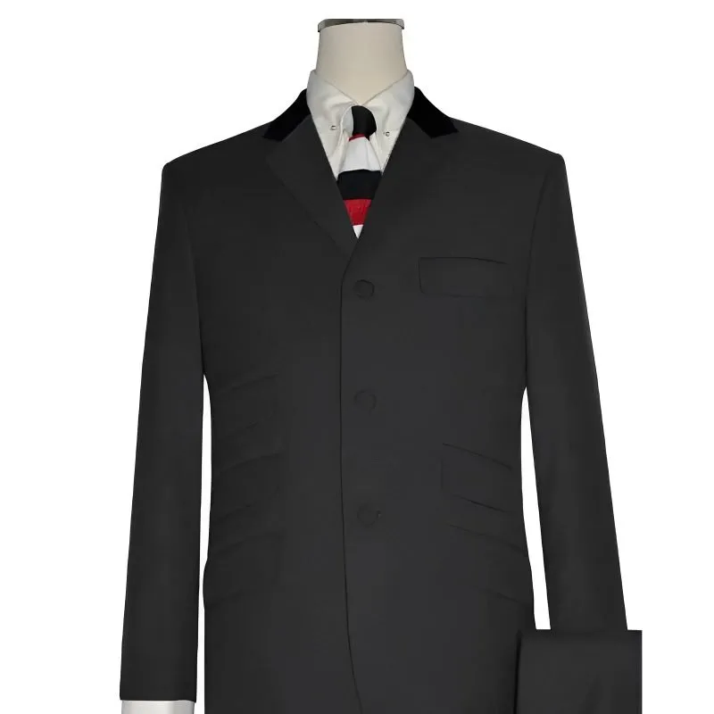 Charcoal Grey & Black Velvet Mod Suit – Vintage Style Contrast Suit for ...